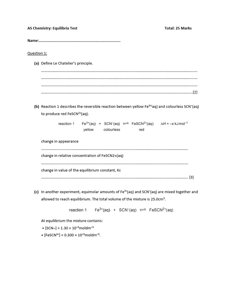 AS Chemistry Equilibria Test | PDF | Chemical Equilibrium | Ammonia