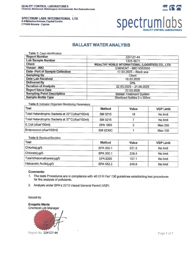 Scan Vessel Ballast Water Analysis | PDF