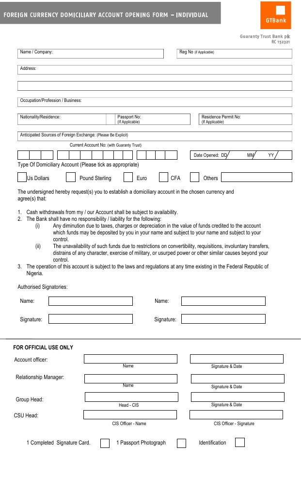 Domiciliary Account Opening Form GTBank | PDF | Social Science