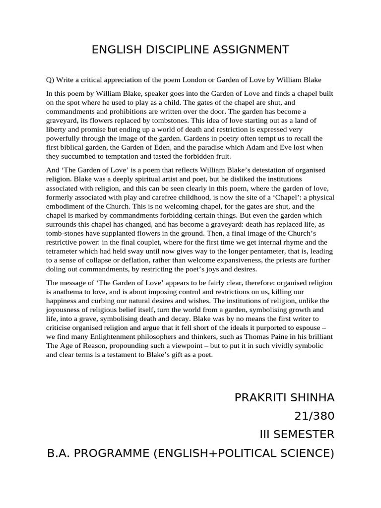 ENGLISH DISCIPLINE ASSIGNMENT | PDF | Poetry | William Blake