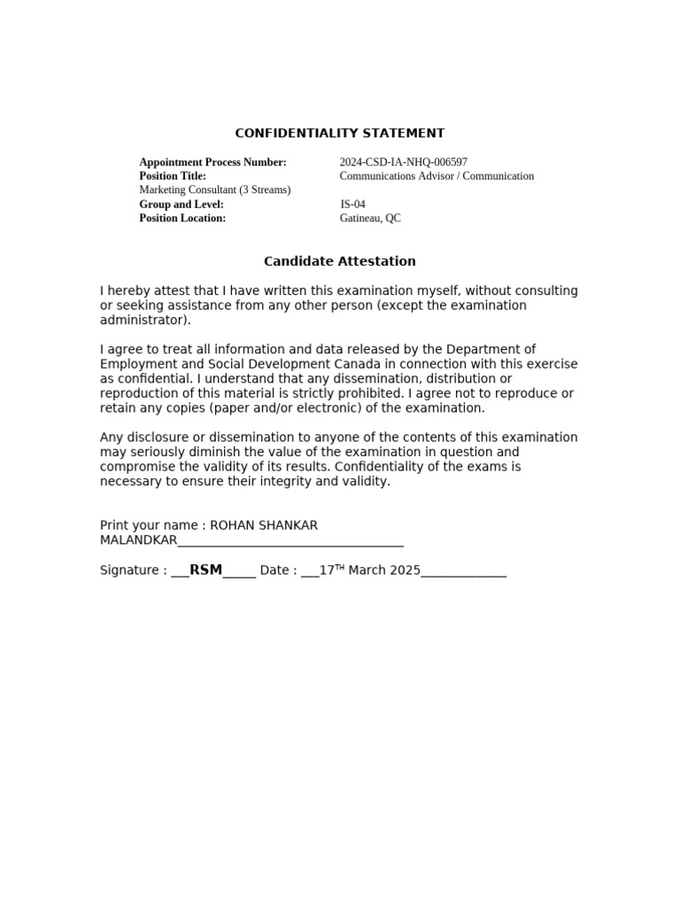 Confidentiality Statement for Exam 2024-CSD-IA-NHQ-006597 | PDF