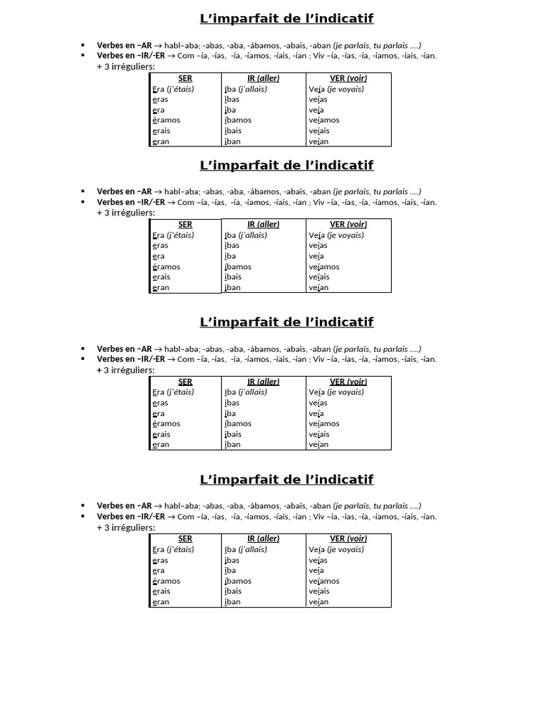 Fiche Imparfait de Lindicatif c3a9lc3a8ves | PDF