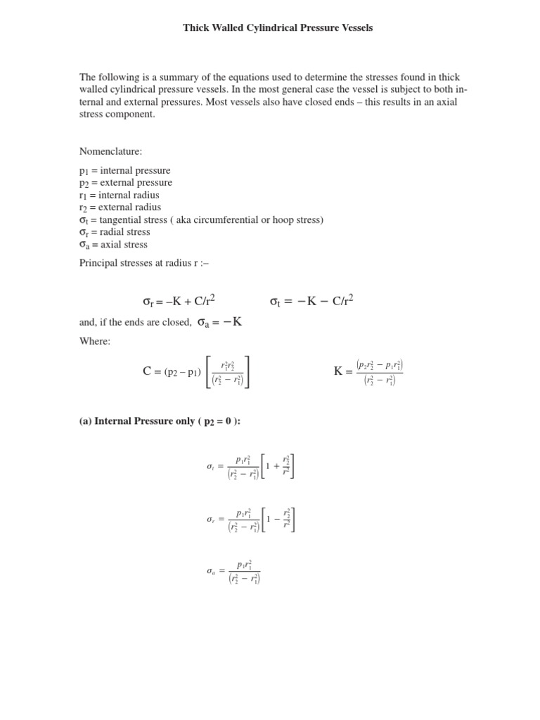 Equations for Stresses in Thick-Walled Cylindrical Pressure Vessels ...