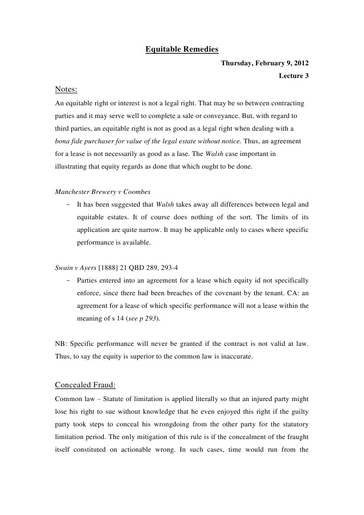 Equitable Remedies Notes | PDF | Equity (Law) | Equitable Remedy