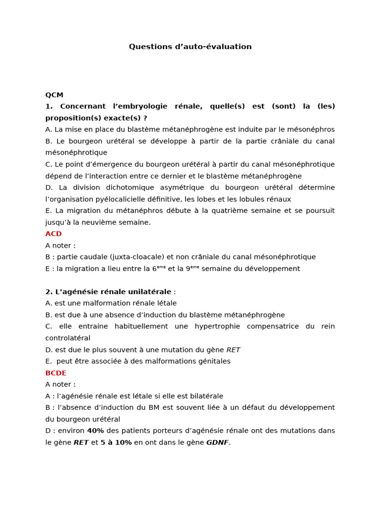 Questions d'auto-évaluation en embryologie rénale | PDF | Rein ...