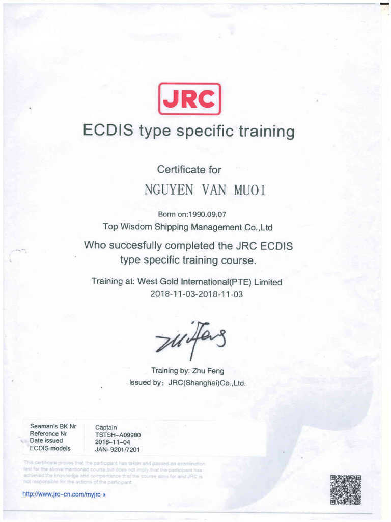 JRC ECDIS Training Certificate for Nguyen | PDF