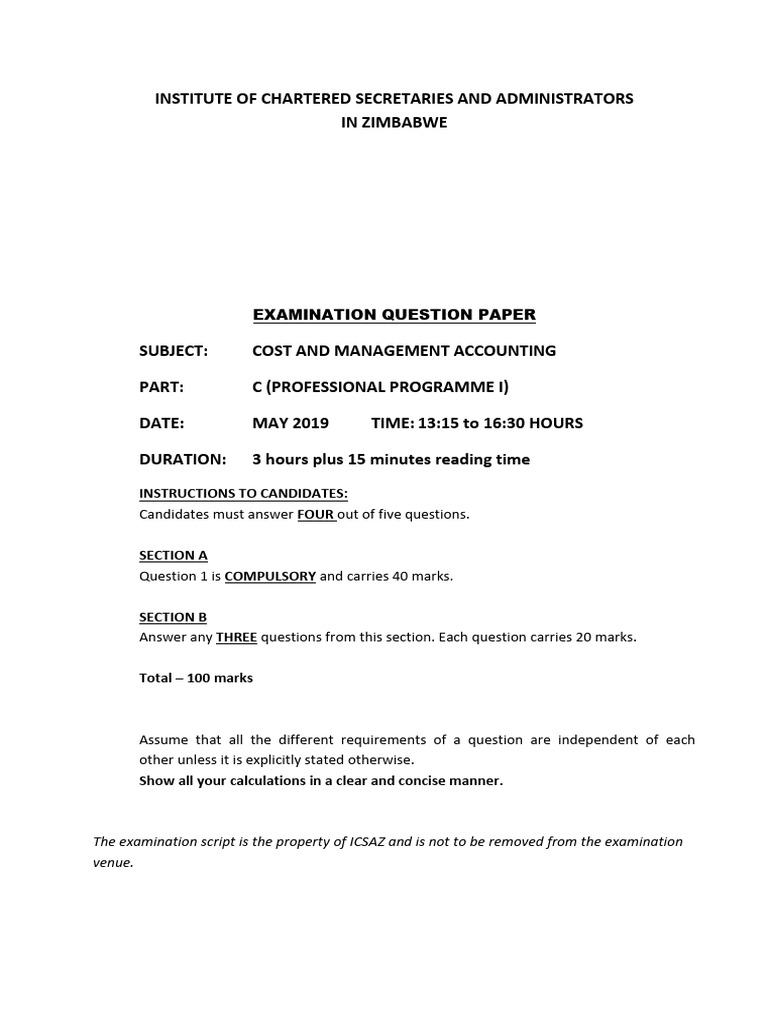 Cost and Management Accounting May 2019 Question Paper | PDF | Piece ...