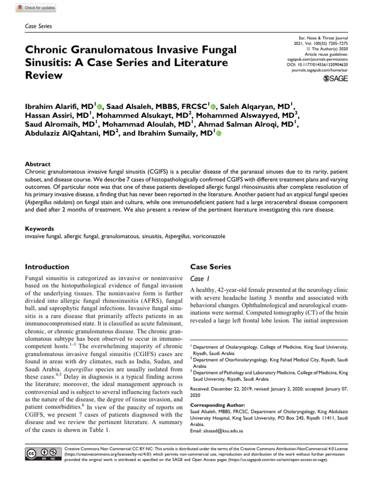 Alarifi Et Al 2020 Chronic Granulomatous Invasive Fungal Sinusitis A Case Series and Literature ...