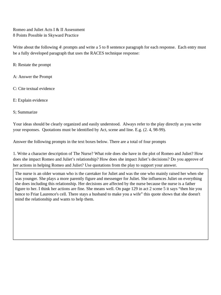 Romeo and Juliet Paragraphs Acts I & 2 | PDF