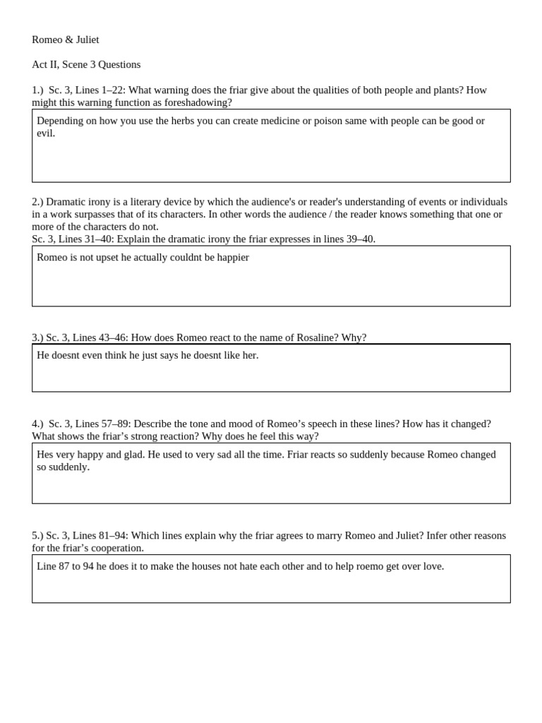 Romeo & Juliet Act II, Scene 3 Questions | PDF