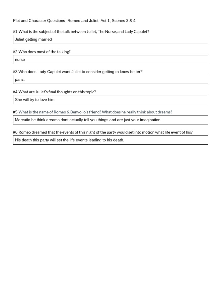 Plot and Character Questions - Romeo and Juliet - Act 1, Scenes 3 & 4 | PDF