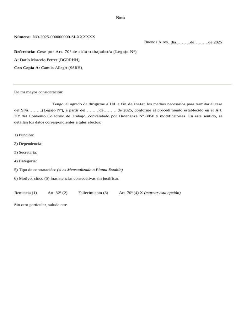 Cese Laboral por Art. 70º en 2025 | PDF