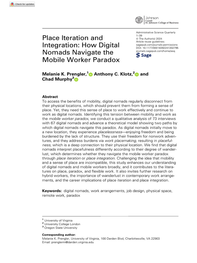 Prengler Et Al 2024 Place Iteration and Integration How Digital Nomads Navigate The Mobile ...