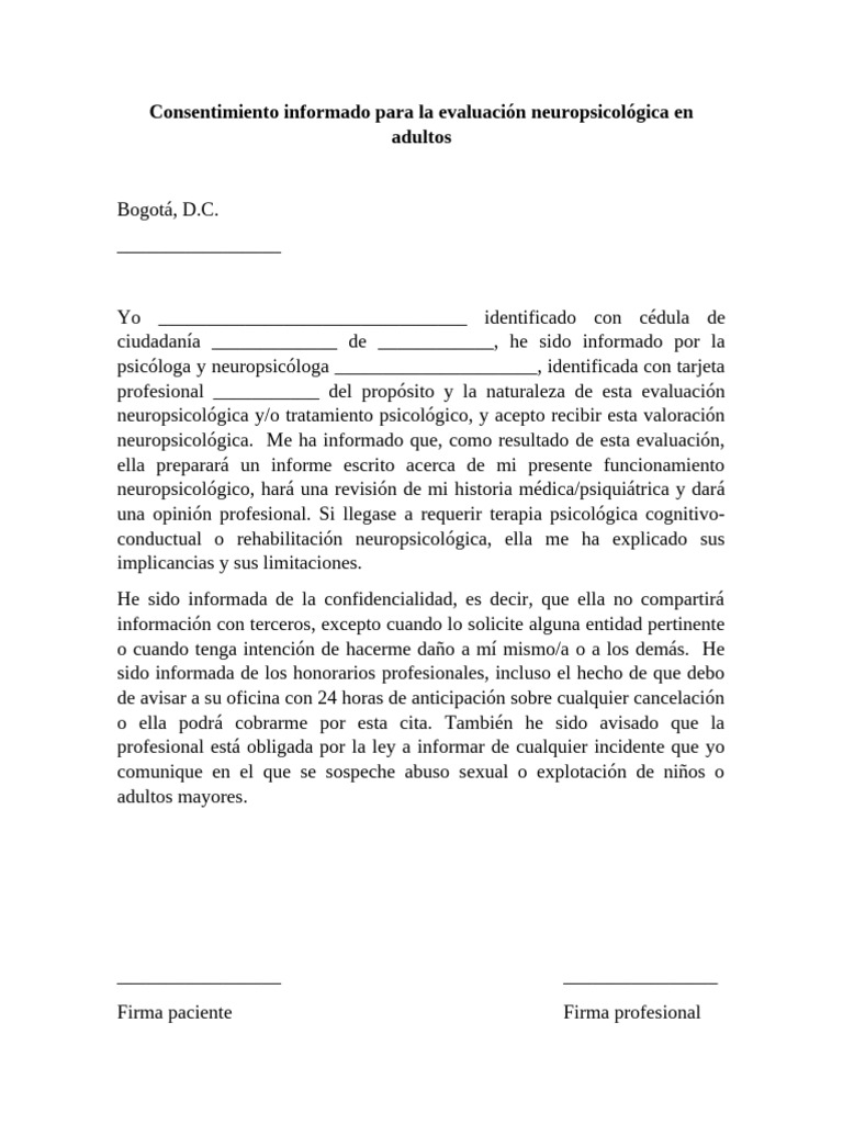 Consentimiento Informado para La Evaluación Neuropsicológica en Adultos ...
