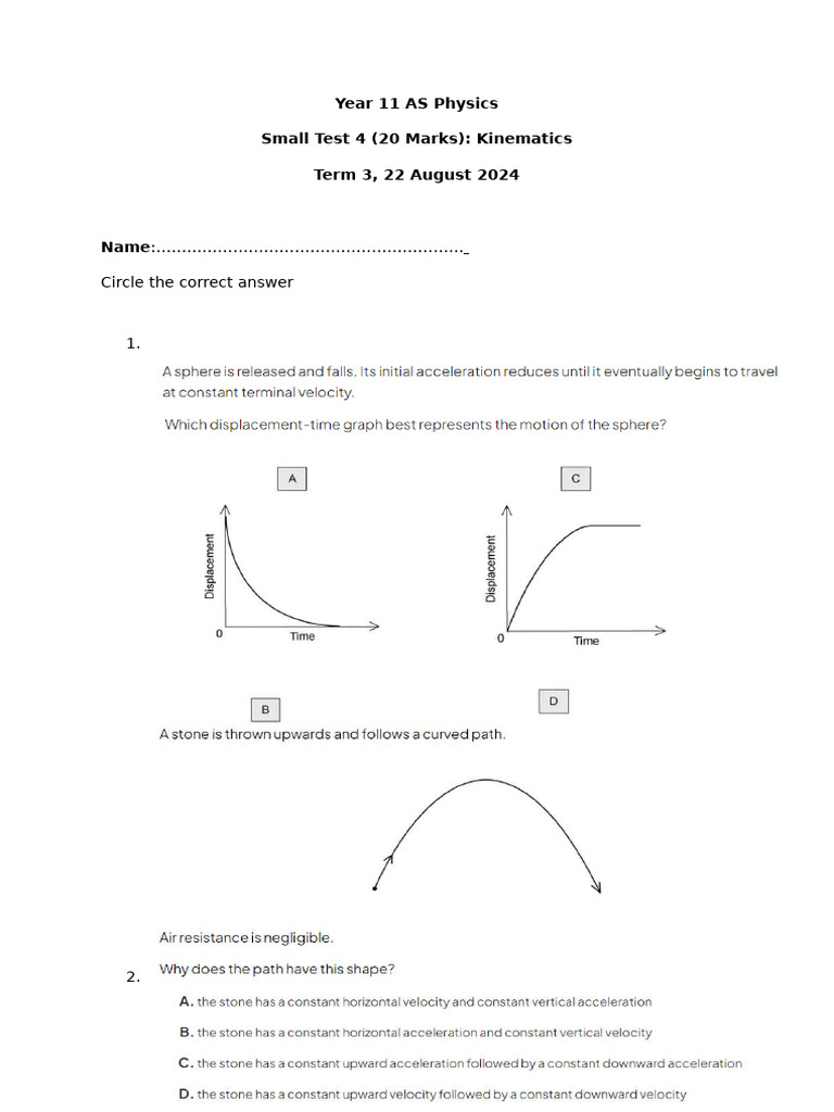 Year 11 AS Physics Kinematics Test | PDF