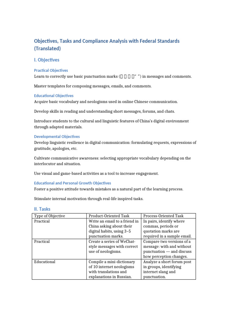Objectives Tasks Analysis FSES en | PDF | Punctuation | Communication