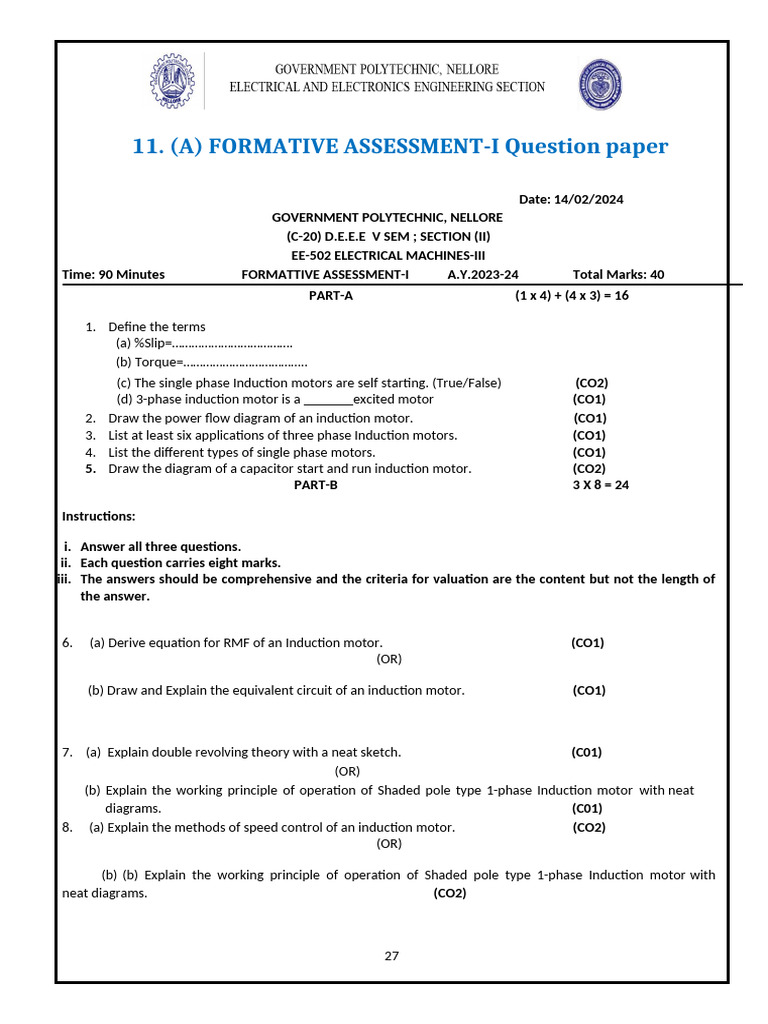 Formative Assessment I: Electrical Machines | PDF | Electromagnetism ...