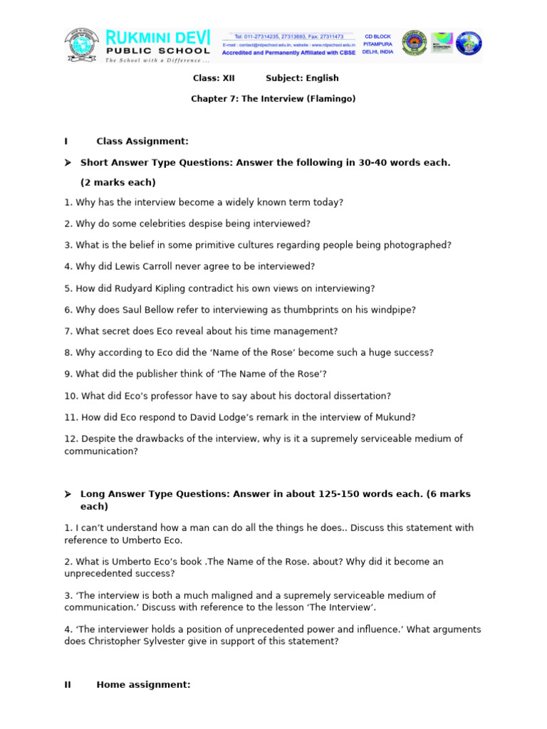 Assignment-The Interview(Class XII) | PDF