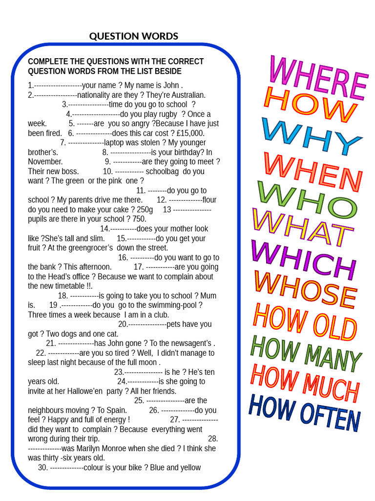 WH Question Words Worksheet | PDF