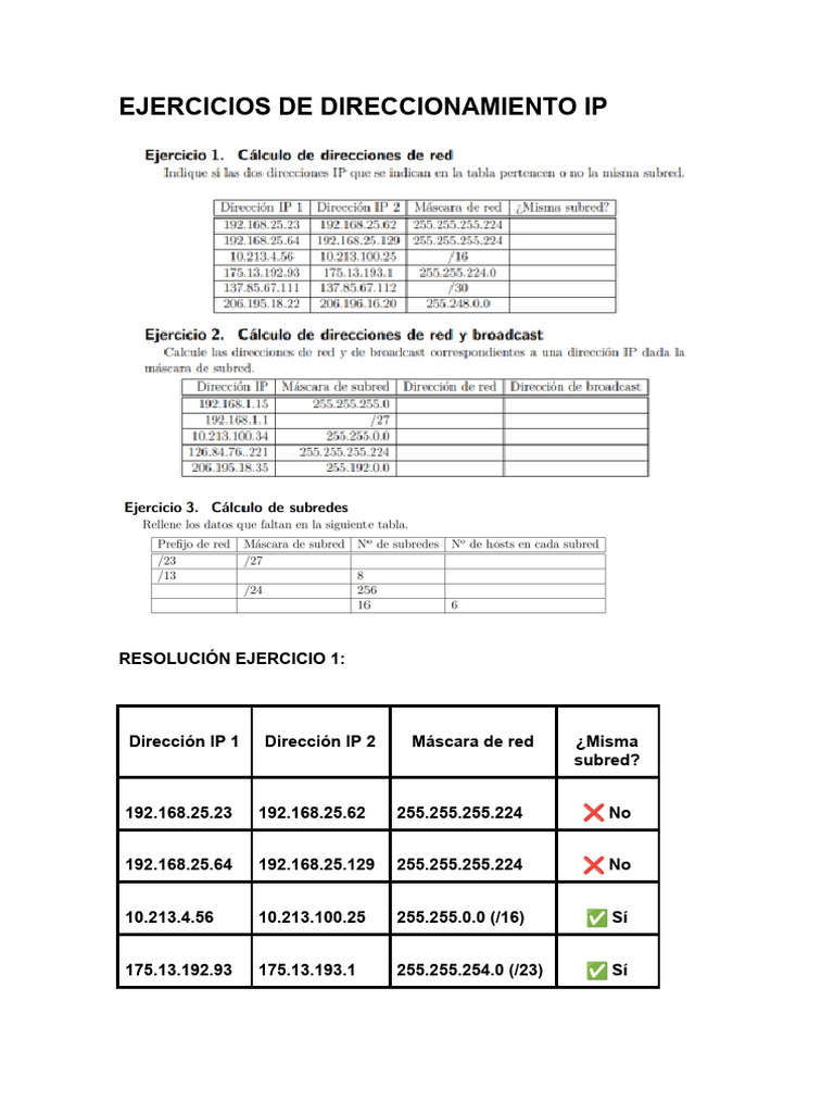 EJERCICIOS DE DIRECCIONAMIENTO IP (1) | PDF
