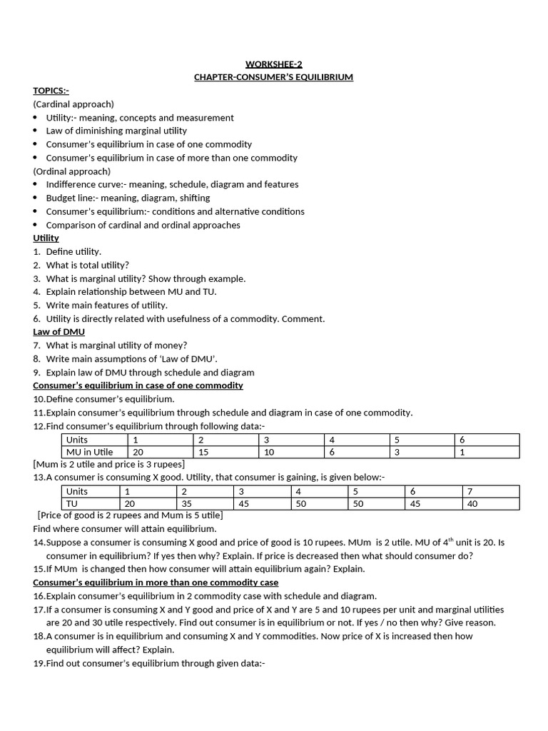 WORKSHEET 2 Consumer Equilibrium | PDF | Utility | Economic Equilibrium