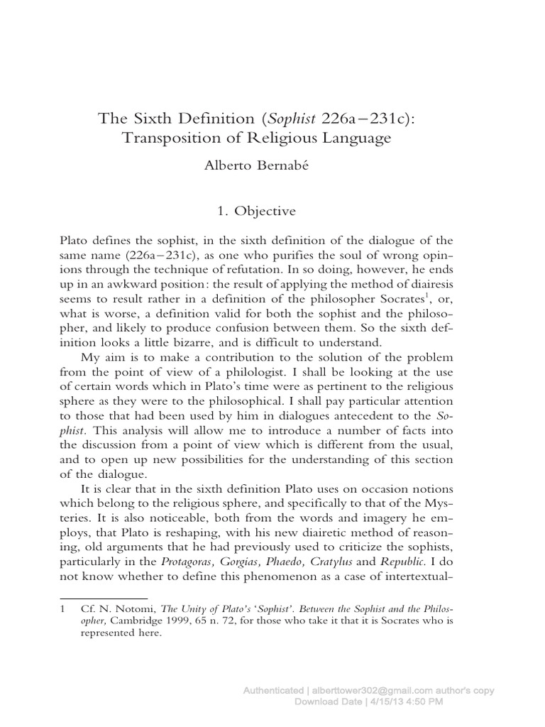 BERNABE 2013 The Sixth Definition (Sophist 226a - 231c) Transposition ...