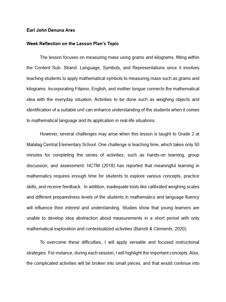 Lesson Plan - 2nd Week - Reflection | PDF | Learning | Education Theory
