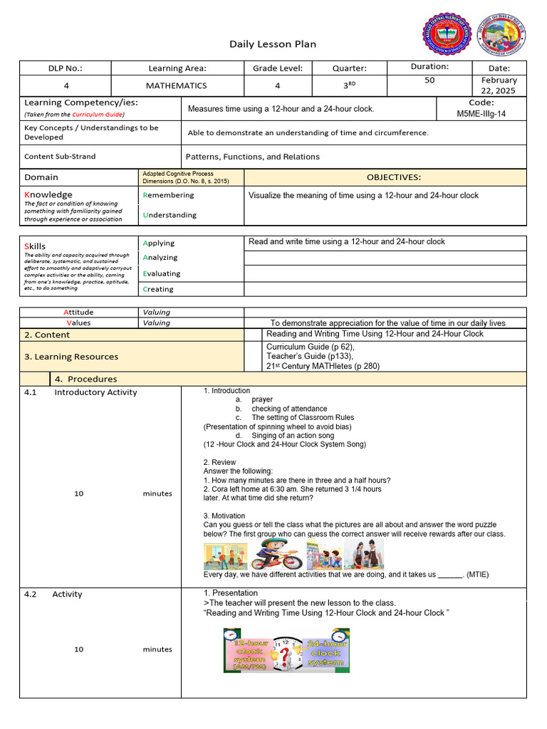 Daily Lesson Plan: Time Measurement Skills | PDF | Learning | Knowledge