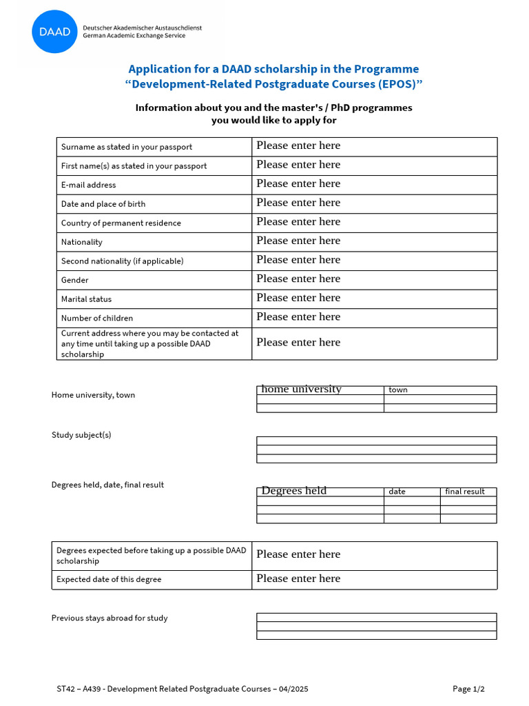 Daad Epos Application Form | PDF | Master's Degree | Doctor Of Philosophy