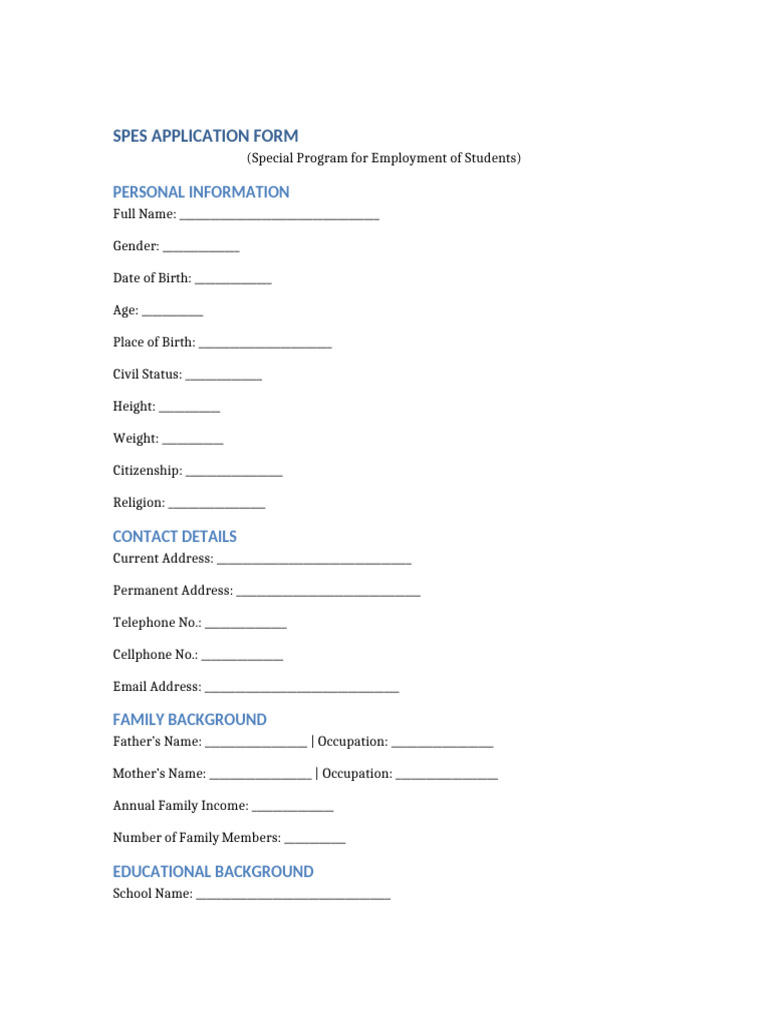 SPES Application Form | PDF