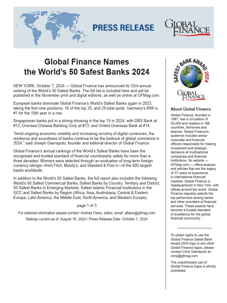Safest Banks 2024 Worlds 50 Safest Banks GFMAG | PDF | Global Financial ...