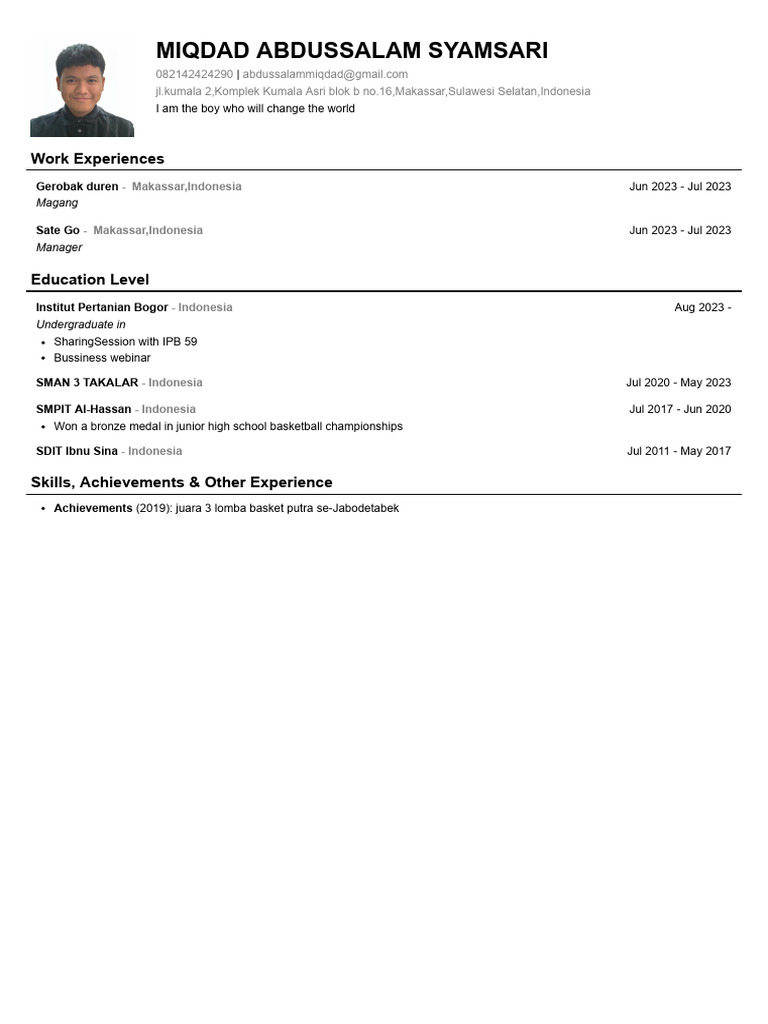 Miqdad Abdussalam Syamsari: Work Experiences | PDF