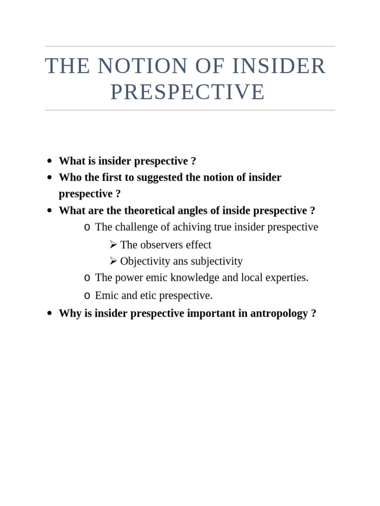 Understanding Insider Perspective in Anthropology | PDF