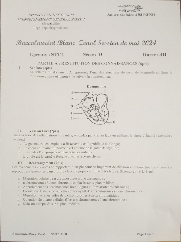 Sujets Bac Blanc 2024 SVT Série D | PDF