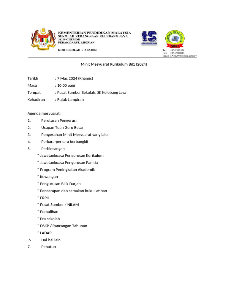 Minit Mesyuarat Kurikulum Bil 1 (2024) | PDF