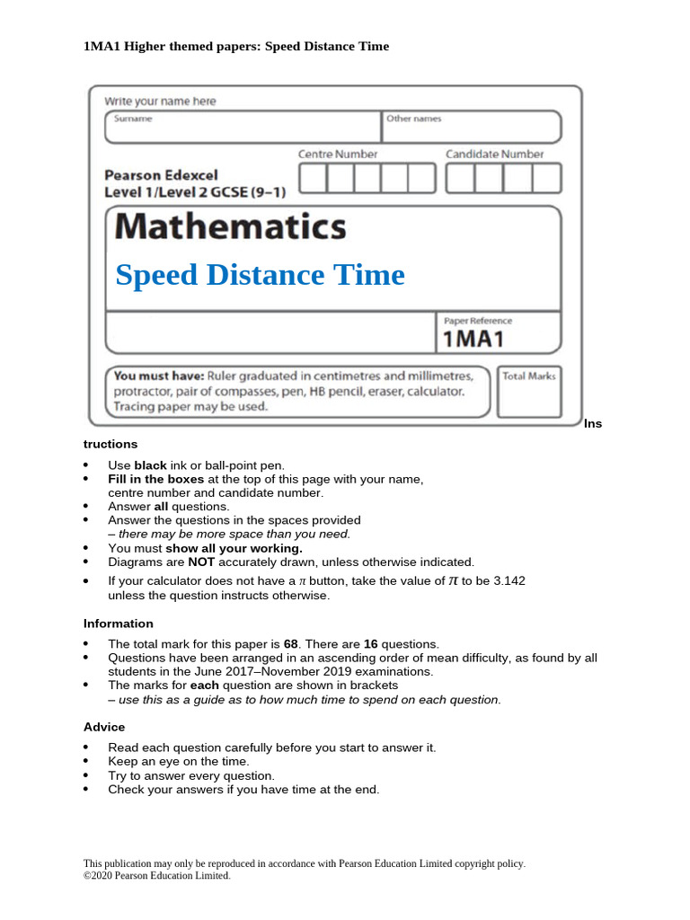 41a Speed Distance Time - H - Question Paper | PDF | Speed