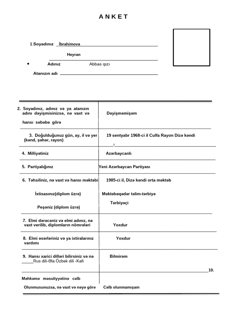 Anket Forması - Heyran İbrahimova | PDF