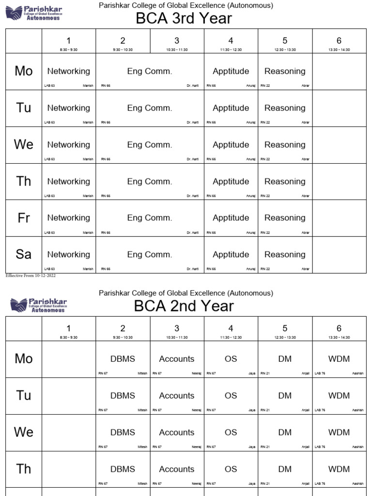 BCA Time Table | PDF