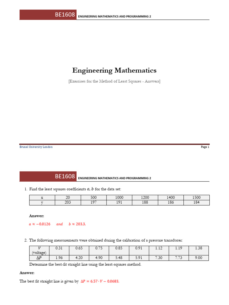 BE1608_regression exercises-Answers | PDF | Least Squares | Thermocouple