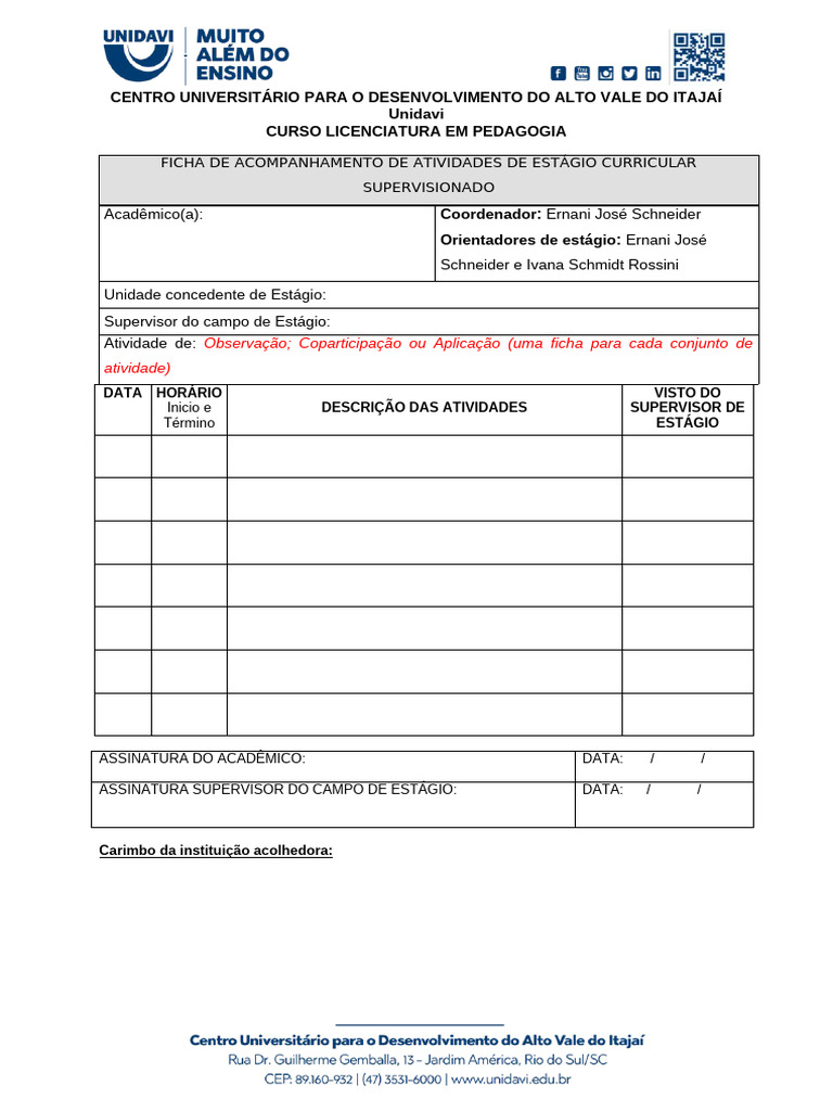 FICHA DE ACOMPANHAMENTO DE ESTÁGIO PED - Word | PDF