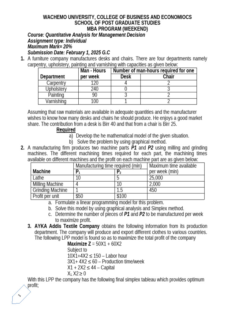 Quantitative Analysis for MBA Assignments | PDF | Linear Programming ...