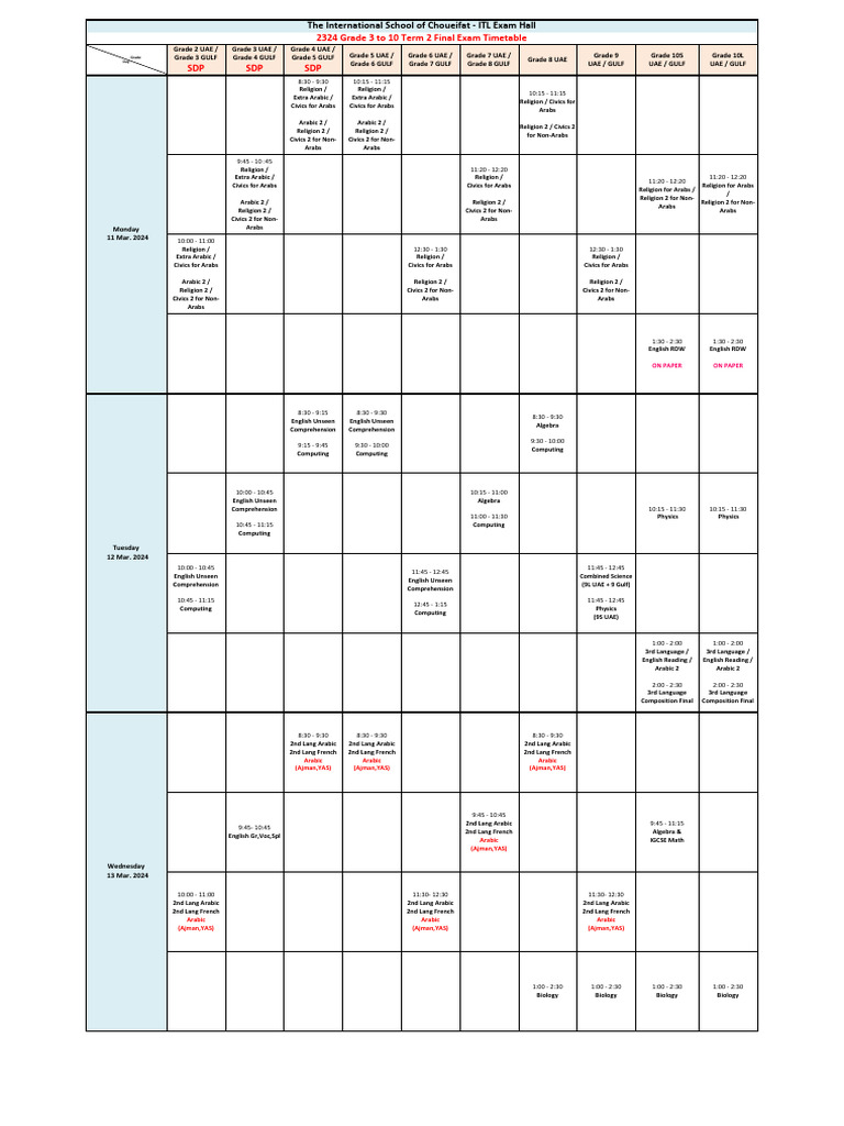 Grade 3-10 Final Exam Timetable 2024 | PDF | Mathematics