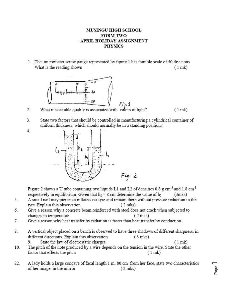 Physics Form Two. April Holiay Assn.. | PDF | Force | Liquids
