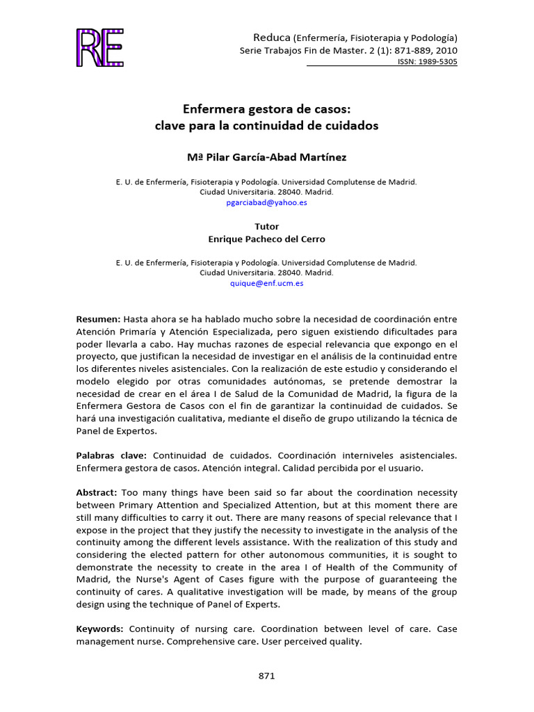Enfermera Gestora De Casos Continuidad Asistencial Pdf Enfermería