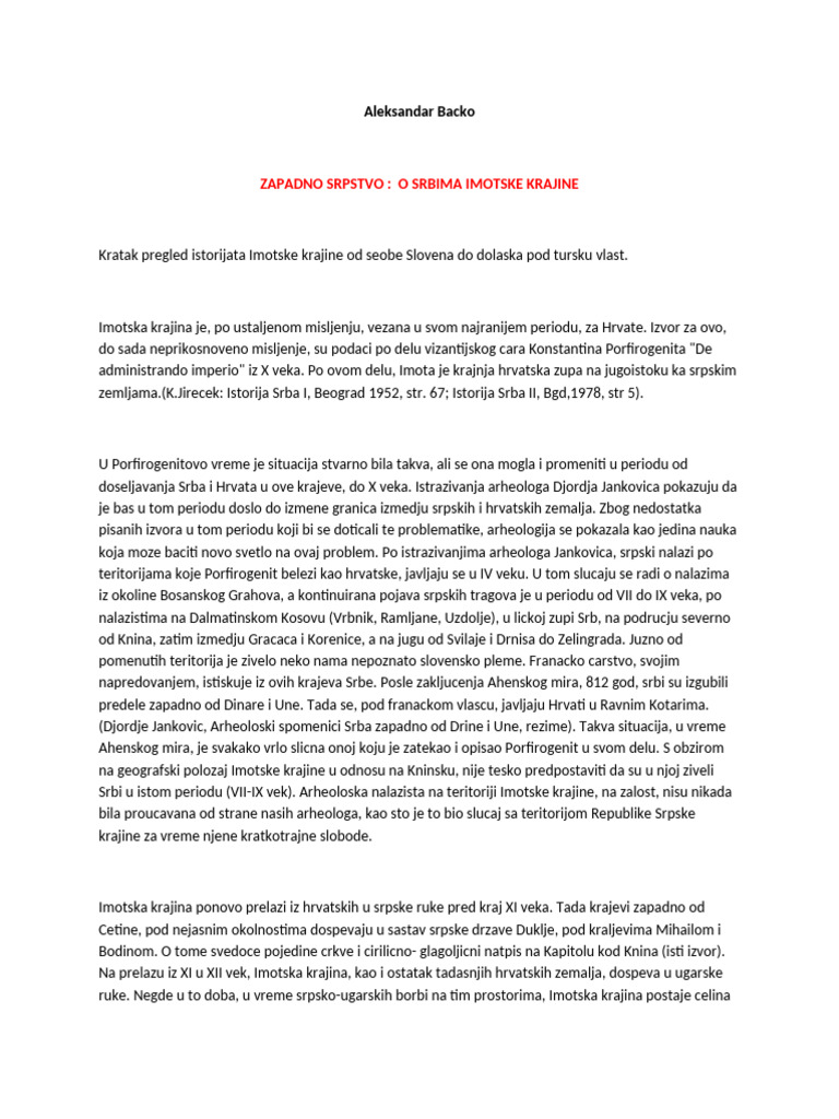 O Srbima Imotske Krajine | PDF