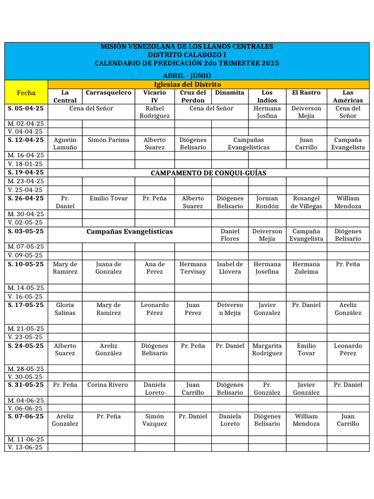 Calendario de Predicación Distrital Actualizado | PDF