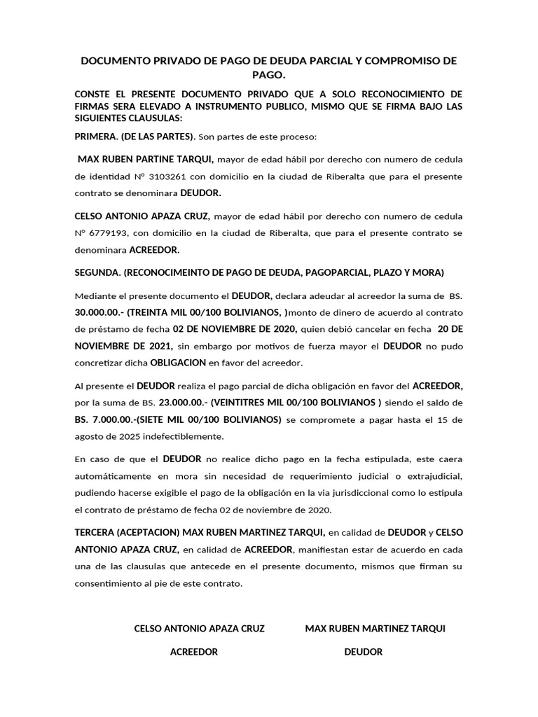 Documento Privado de Pago de Deuda Parcial y Compromiso de Pago | PDF