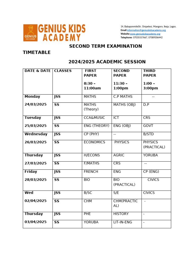 Second Term Examination Timetable | PDF