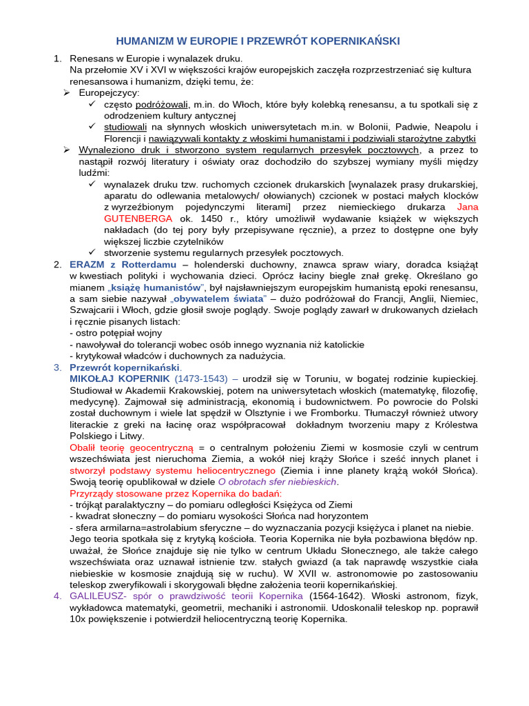 Humanizm W Europie I Przewrót Kopernikański | PDF