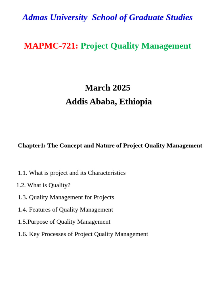 Chapter 1 Project Quality Managemet Admas University Chapter 1 | PDF | Quality (Business ...
